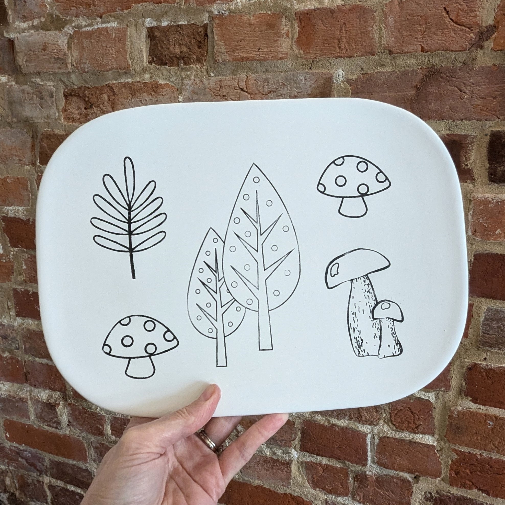 Rectangular plate - curved edge - Trees & toadstools | Blue Owl Pottery ...